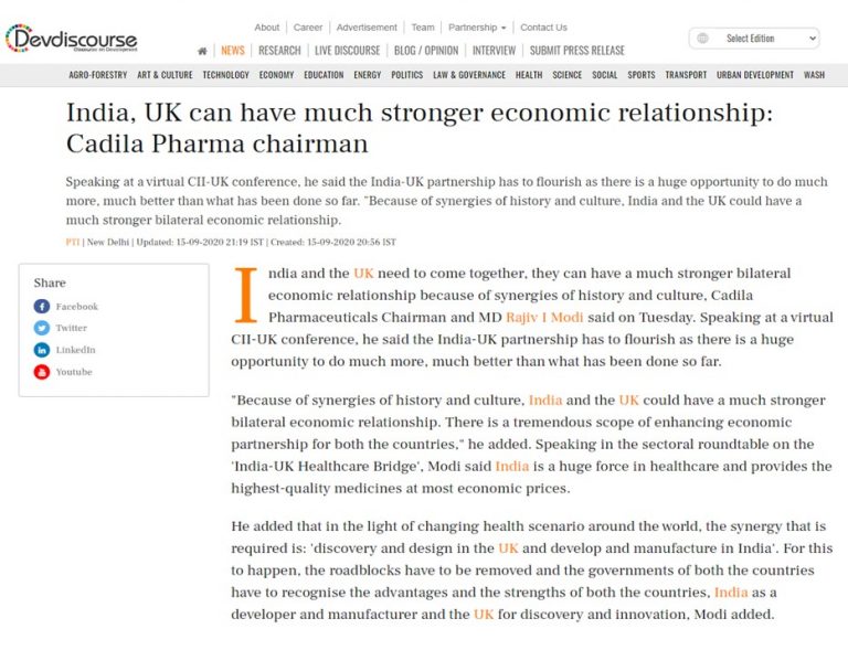 India, UK can have much stronger economic relationship: Cadila Pharma ...